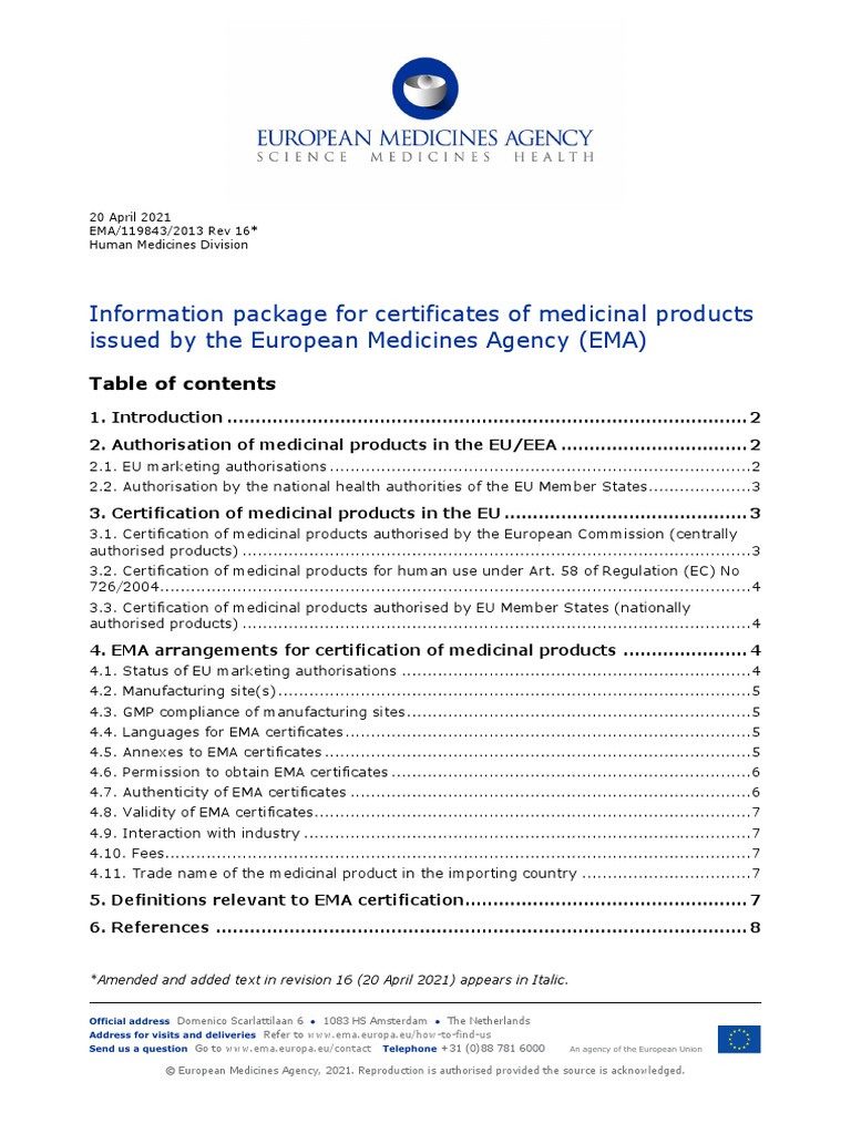 Information Package Certificates Medicinal Products Issued European ...