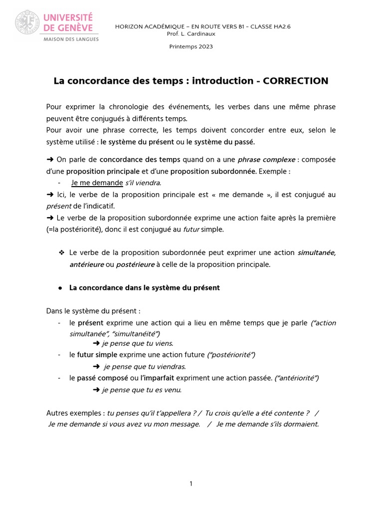 Correction de HA2.6 - La Concordance Des Temps | PDF | Temps (grammaire ...