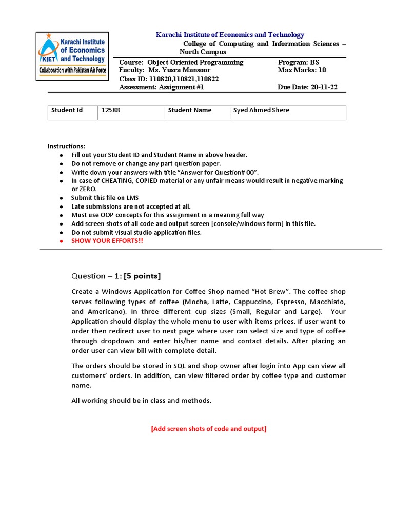 Syed Ahmed Shere Oop Lab Assignment1 Pdf String Computer Science Parameter Computer 1335