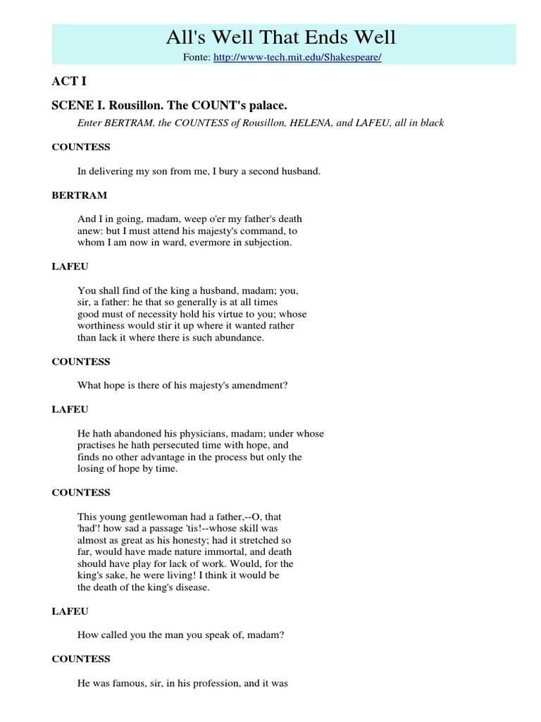 All's Well That Ends Well: Act I Summary | PDF