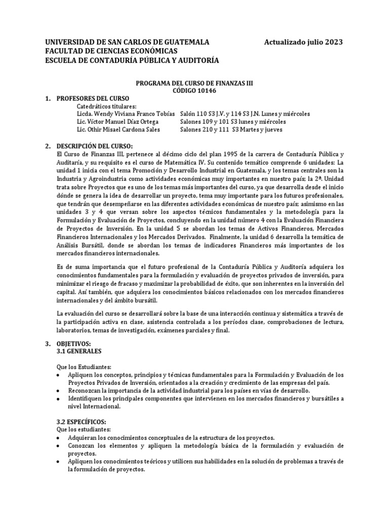 Programa Finanzas III-2023 | PDF | Presupuesto | Tasa interna de retorno