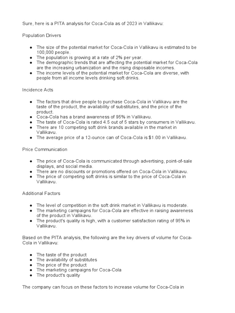 conduct a pita analysis for coca cola as of 2023 in Vallikavu | PDF