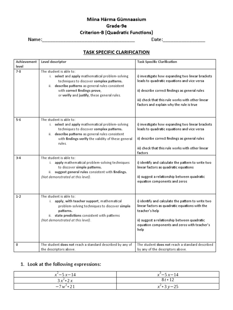 8th Grade Criterion B | PDF | Quadratic Equation | Equations