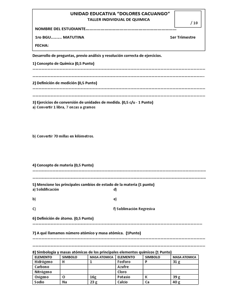 Quimica 1ro Bgu Taller Refuerzo 1er Trimestre Pdf átomos Física
