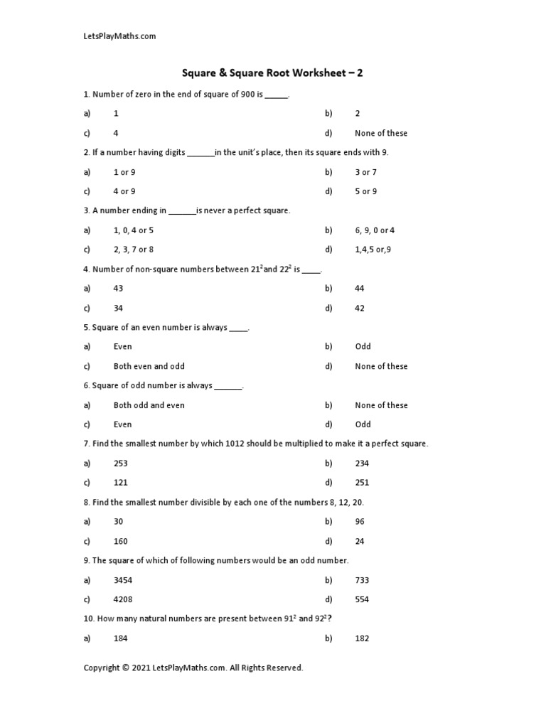 Square & Square Root Worksheet - 2 | PDF | Numbers | Mathematical Objects