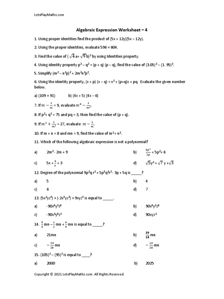 Algebraic Expression Worksheet - 4 | PDF