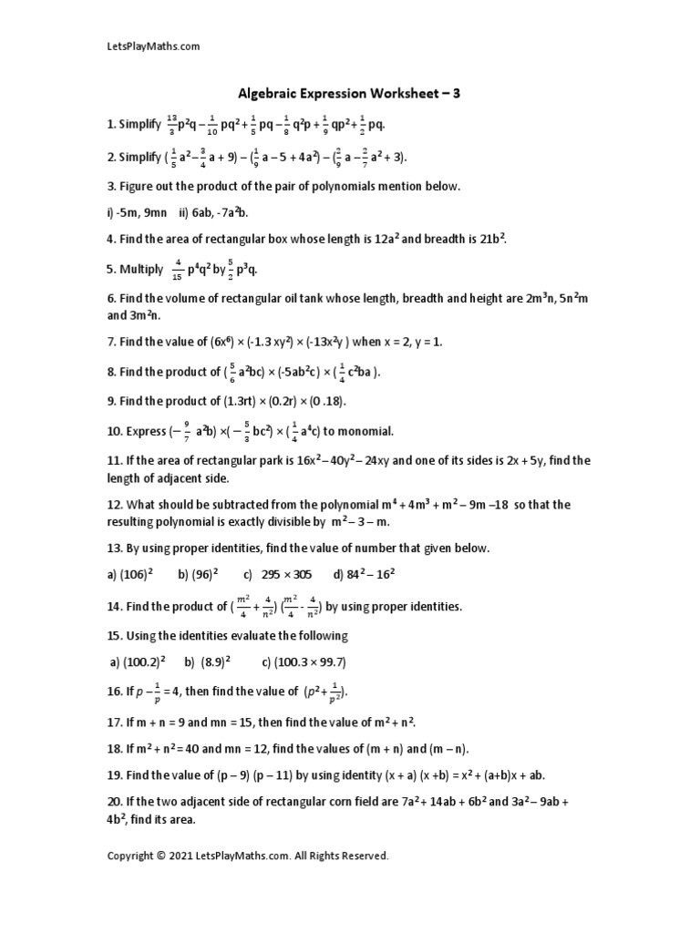Algebraic Expression Worksheet - 3 | PDF