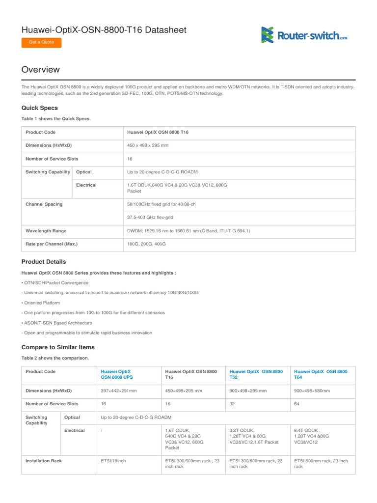 Huawei Optix Osn 8800 t16 Datasheet | PDF | Wavelength Division Multiplexing | Networking Standards