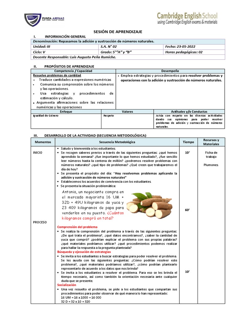 SESIÓN DE APRENDIZAJE Adición y Sustracción de Números Naturales | PDF | Aprendizaje | Ciencia ...