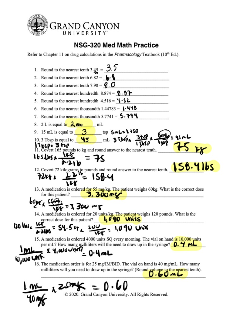 NSG-320 Med Math Practice 1 | PDF