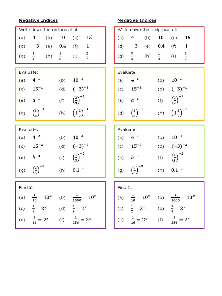 Negative Indices Practice Strips Pdf