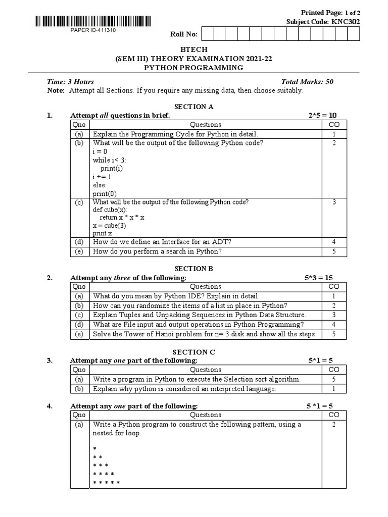Btech NC 3 Sem Python Programming knc302 2022 | PDF | Python (Programming Language) | Software ...