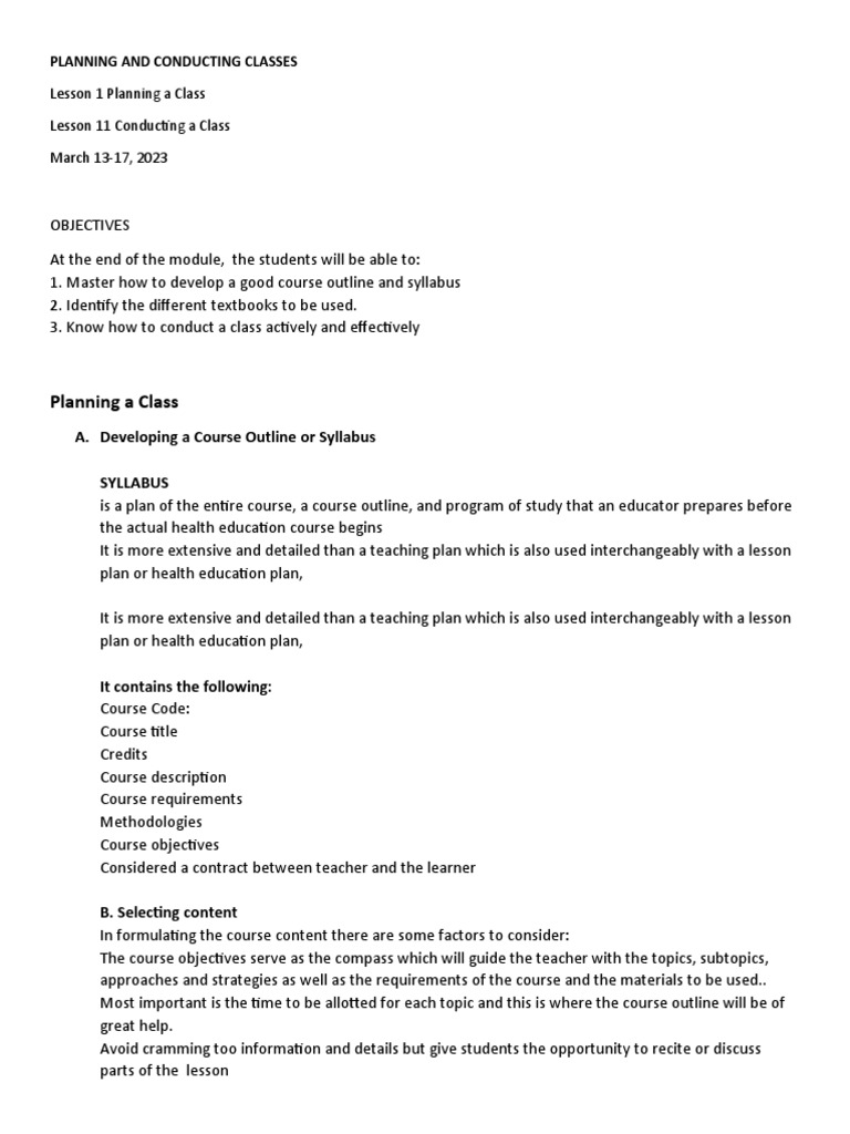Planning and Conducting Classes | Download Free PDF | Learning ...