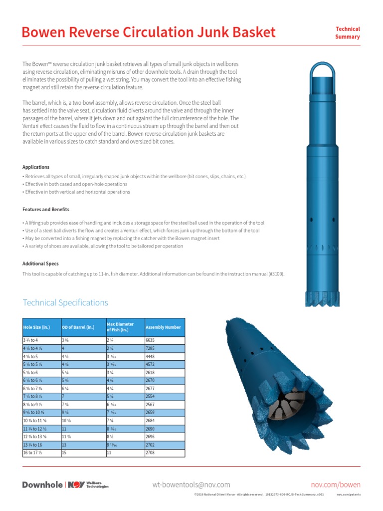 Bowen Reverse Circulation Junk Baskets Technical Summary | PDF | Valve ...