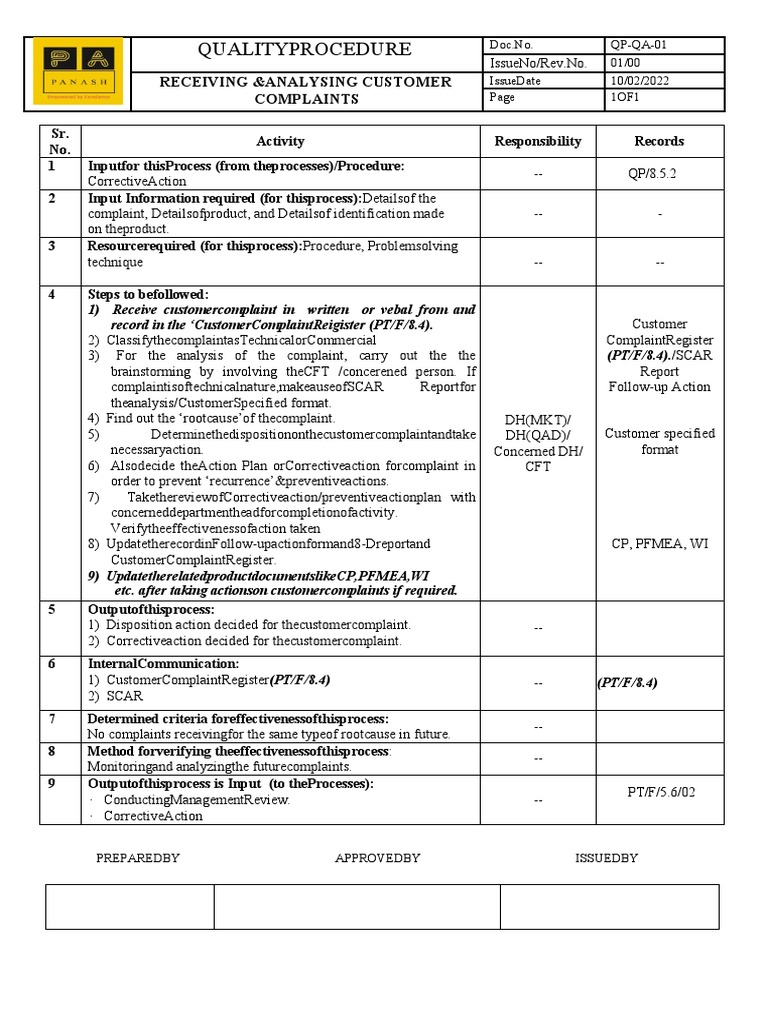 QP-QA-01-Receiving and Analysing Customer Complaints | PDF | Analysis | Systems Science
