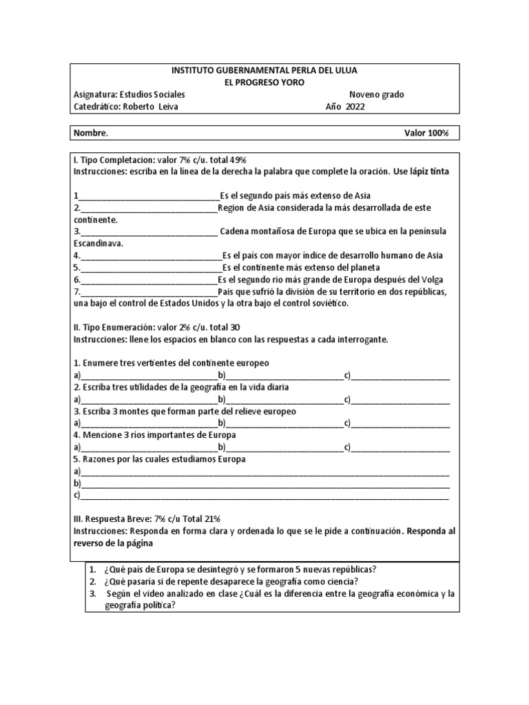 Examen de Eess Tercer Curso (1 Periodo 2023) | PDF | Europa | Asia