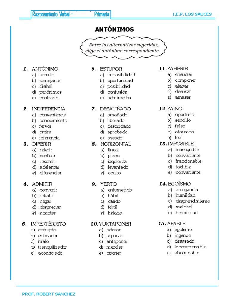 Antonimos 4to y 5to Primaria | PDF