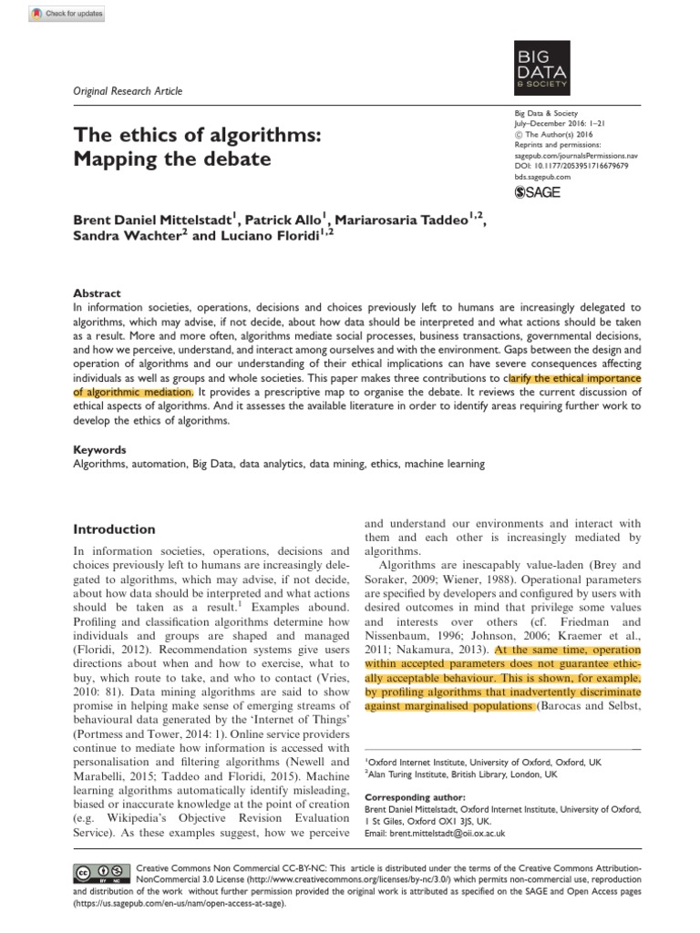 Mittelstadt The Ethics Of Algorithims Mapping The Debate Pdf Machine Learning Algorithms