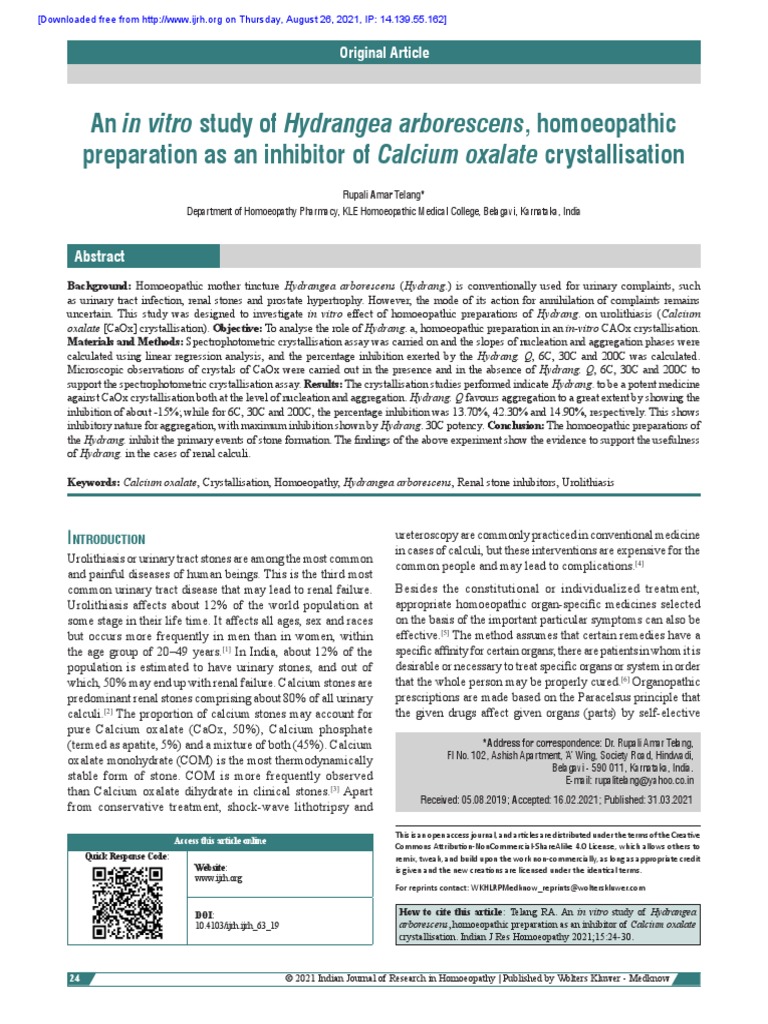 Hydrangea arborescens in Urolithiasis Study | PDF | Crystallization ...
