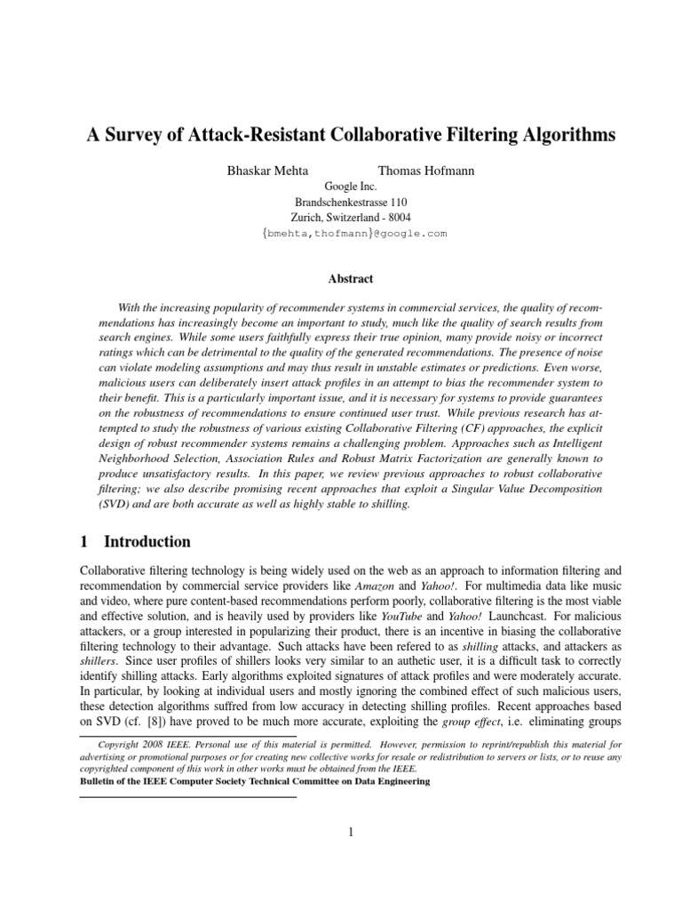 A Survey of Attack-Resistant Collaborative Filtering Algorithms | PDF ...