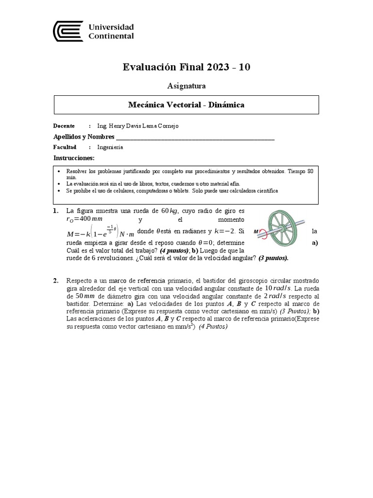 Evaluación Final Mecánica Vectorial Dinámica 2023-10 | PDF | Velocidad | Vector Euclidiano