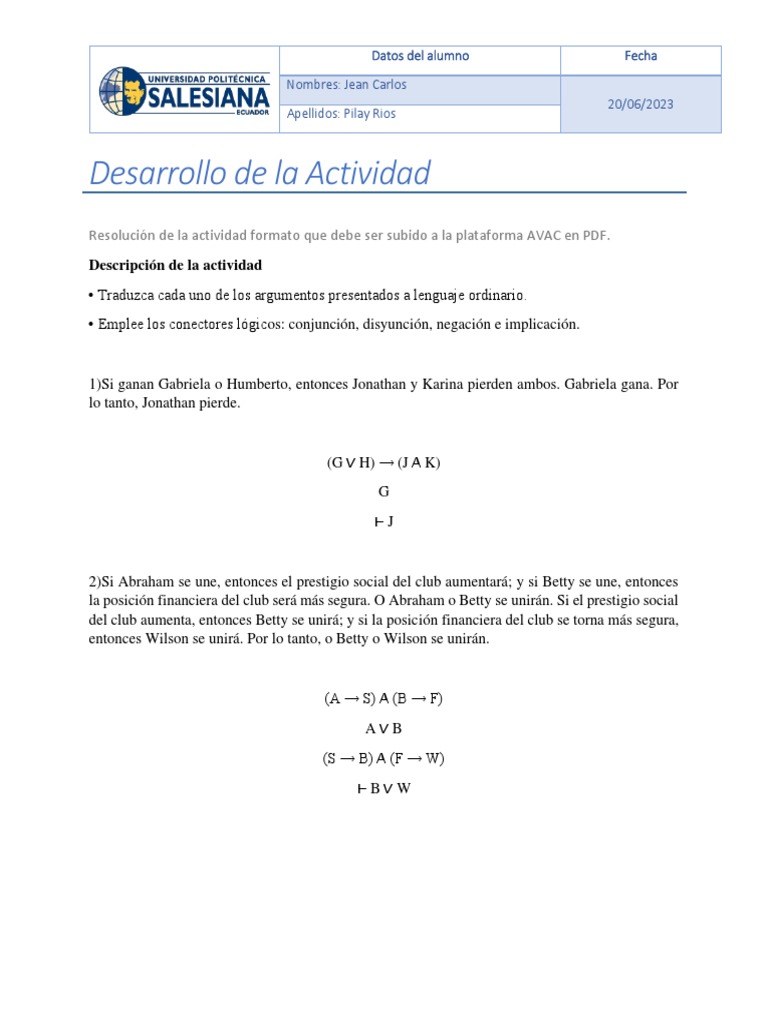 Pilay Rios - Jean Carlos - PC - U1 - Deber 2 | PDF | Expresiones lógicas | Metalogica