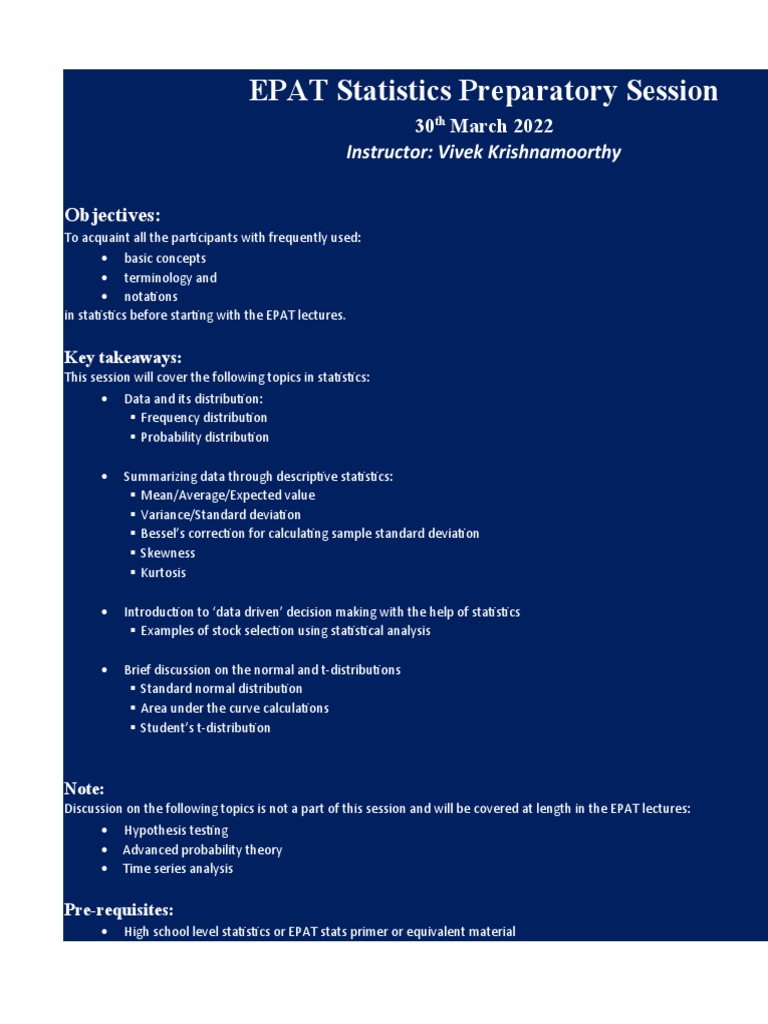 Mar2022 EPAT Stats Preparatory Session | PDF | Statistics | Standard ...