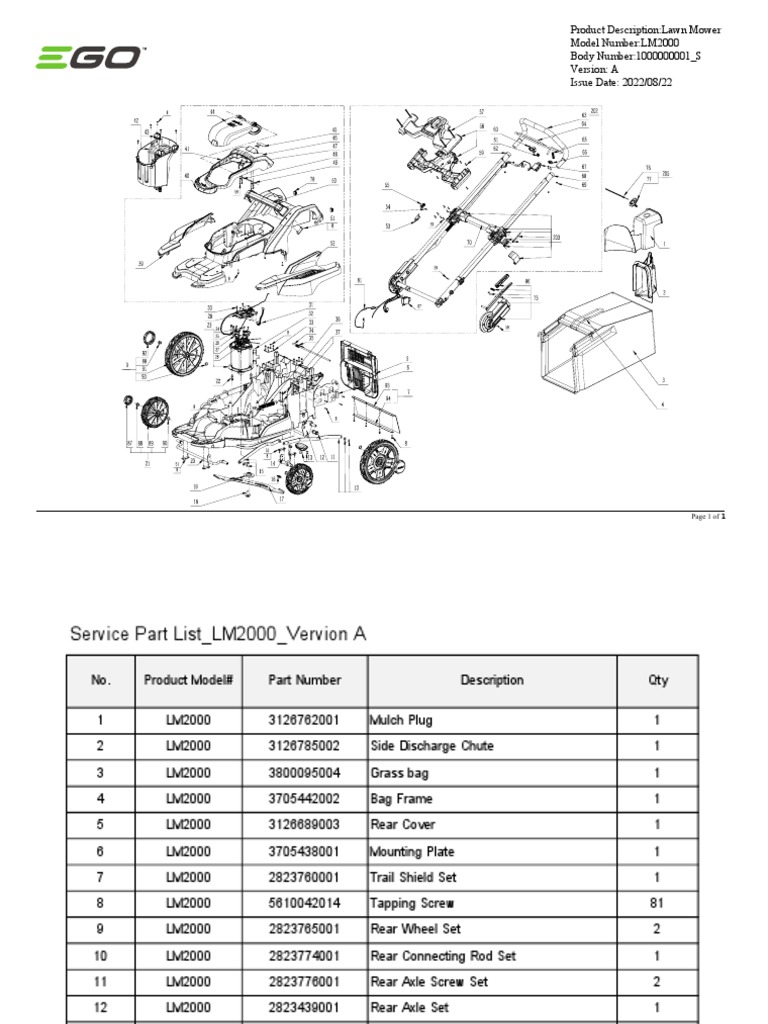 lm2000 lm2000-s Ego Lawn-Mower 22-0822 Explosion-Diagram Version-A ...