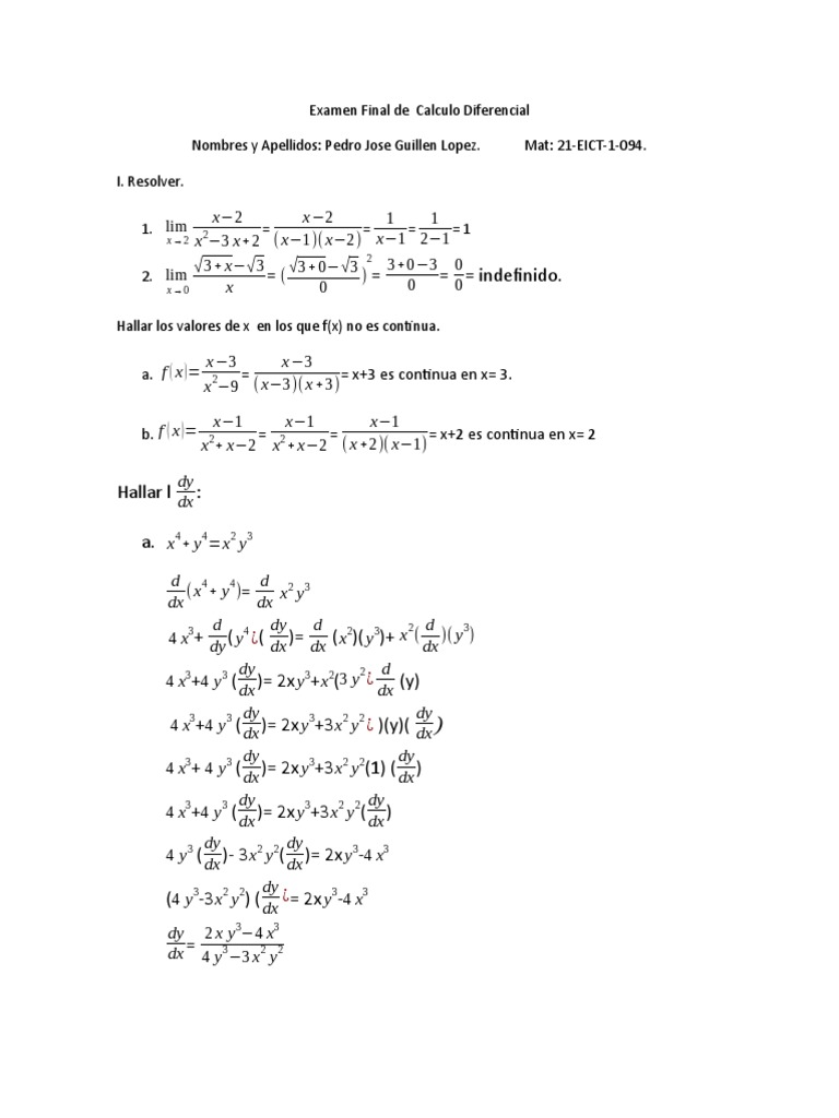 Examen Final de Cálculo Diferencial | PDF | Geometría analítica | Análisis matemático