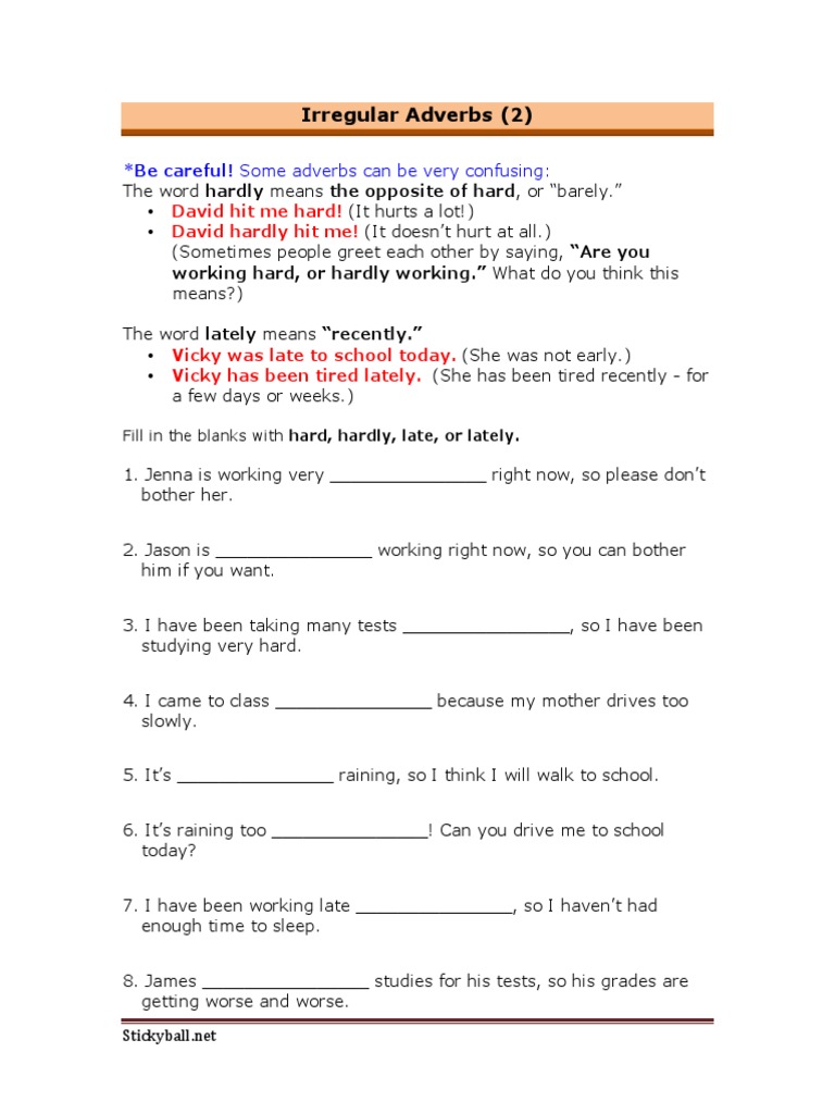 Irregular Adverbs Hard Hardly Late Lately | PDF | Career & Growth ...