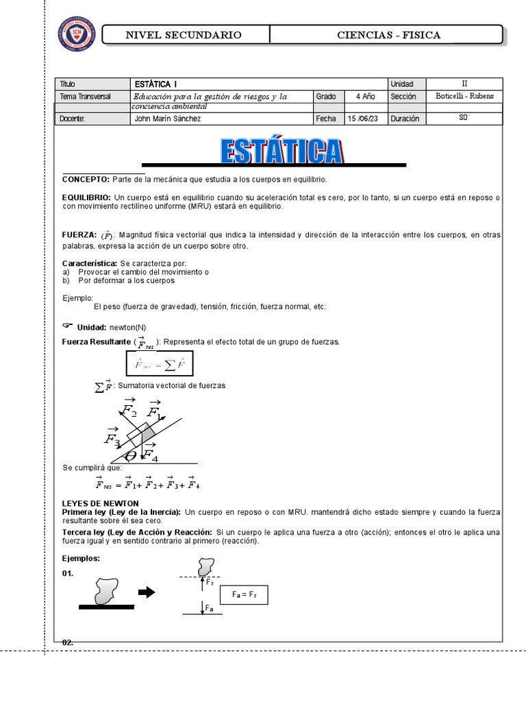 Ficha de FISICA - ESTATICA - 4S - Boticelli - Rubens | PDF | Fuerza | Las leyes del movimiento ...