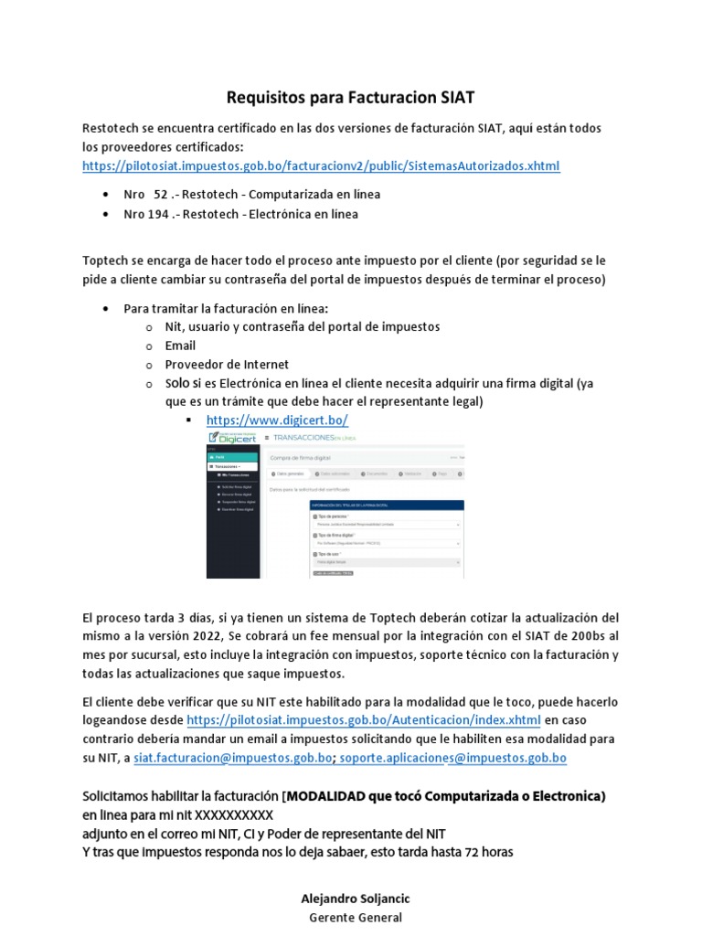 Requisitos Facturación SIAT Restotech | PDF