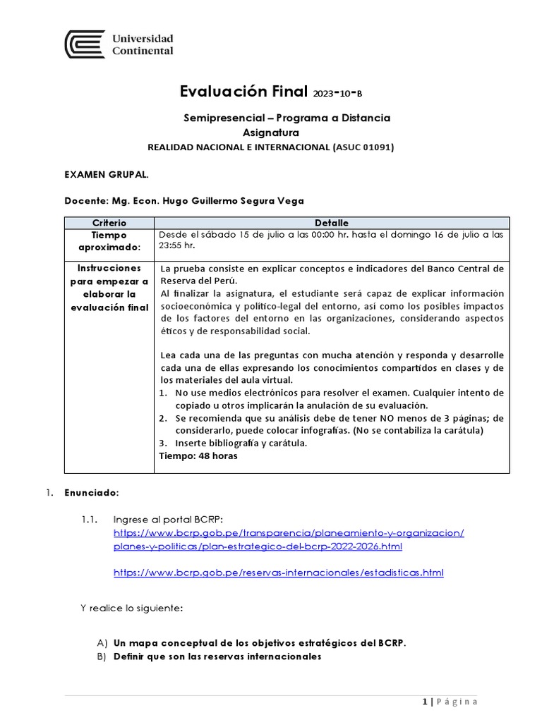 Evaluacion Final - Realidad Nacional e Internacional 2023 - 10 - B | PDF | Evaluación | Información