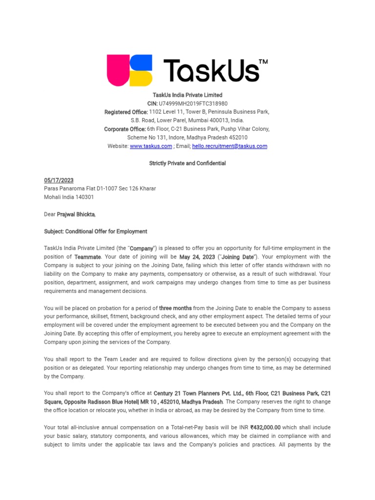 Offer Letter Taskus | PDF | Employment | Salary