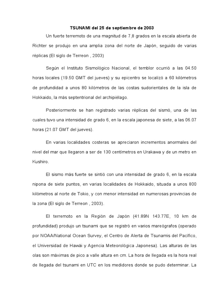TSUNAMI Del 25 de Septiembre de 2003 | PDF | Tsunami | Eventos naturales