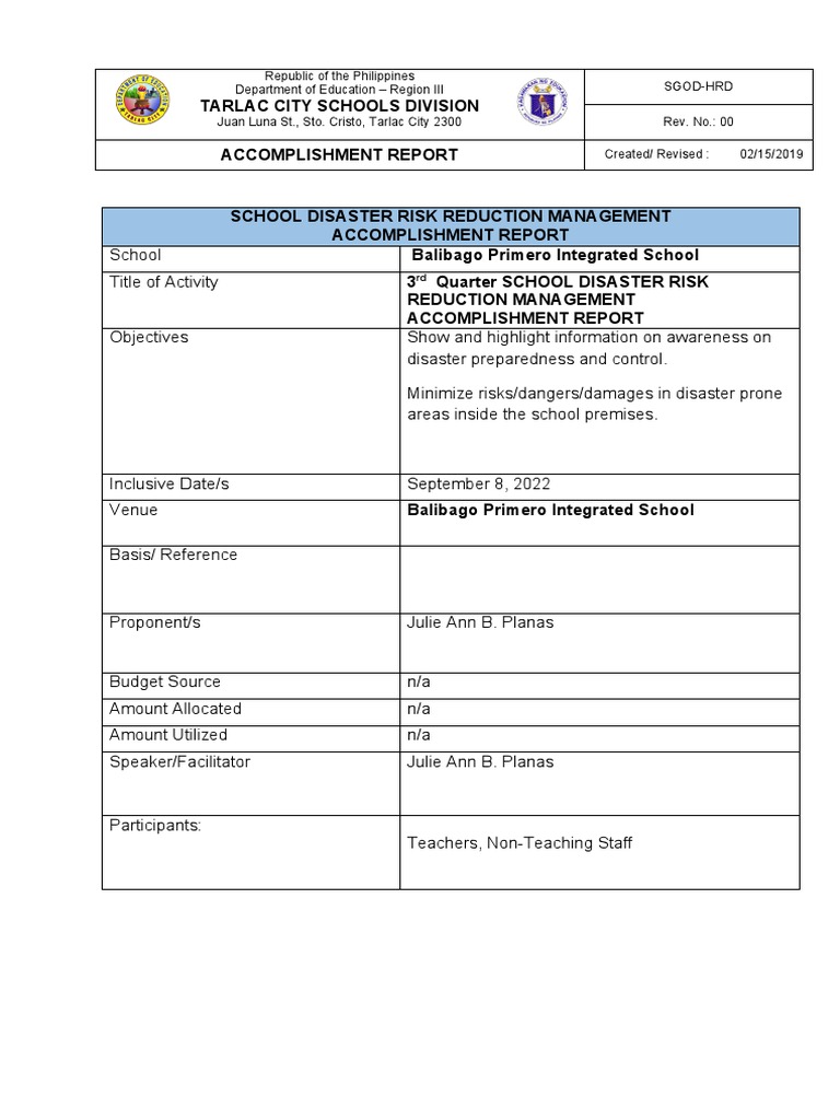 School Disaster Risk Management Report | PDF | Emergency Management ...