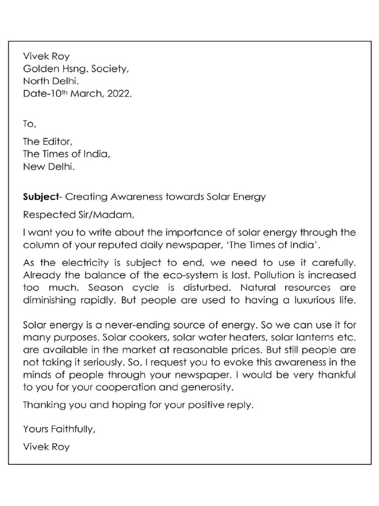 Letter About Solar Energy | PDF