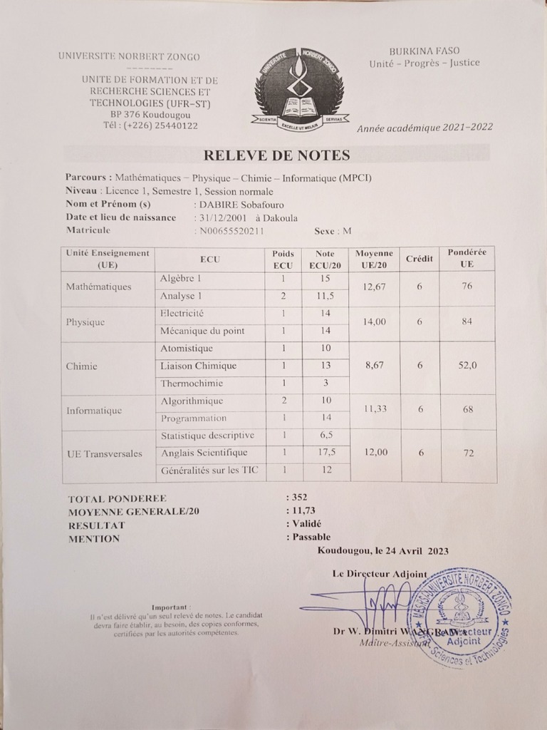 Relevé de Note s1 Soba | PDF