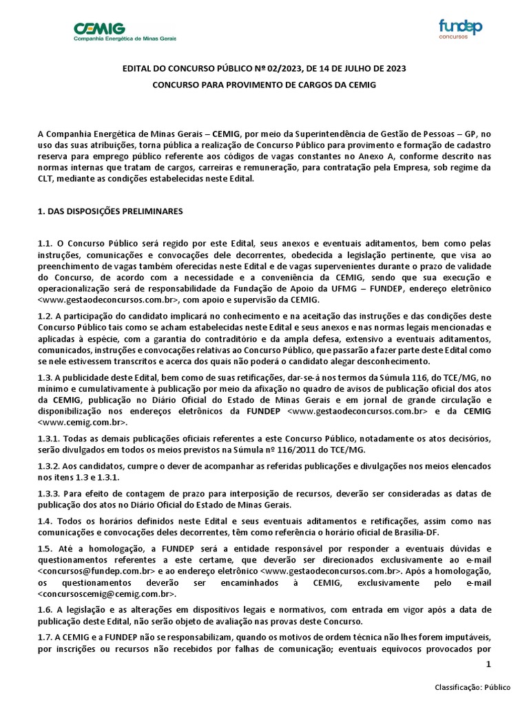 Edital Do Concurso Cemig N. 02 2023 - 14 07 2023 | PDF | Deficiência | Salário