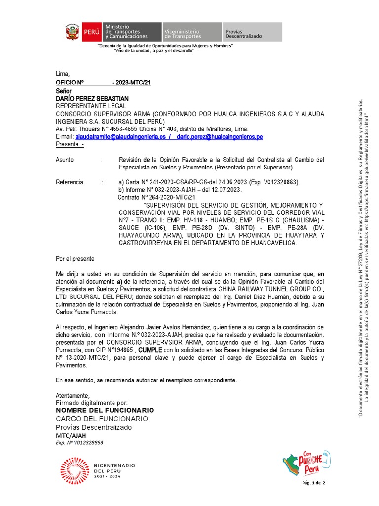 OFICIO #000-2023-MTC-21.XXXX. (Inf-032-2023) Supervisor | PDF | Gobierno
