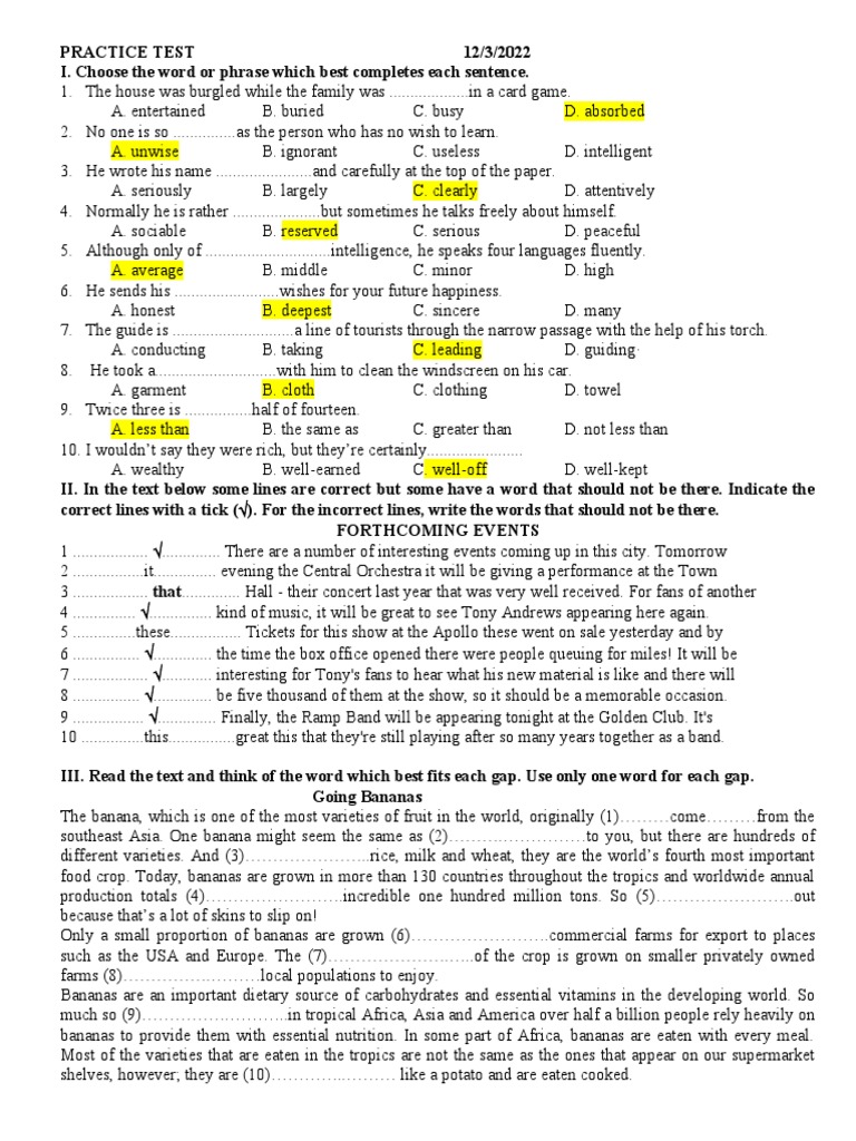 Practice Test 12-3 | PDF | Banana | Nutrition