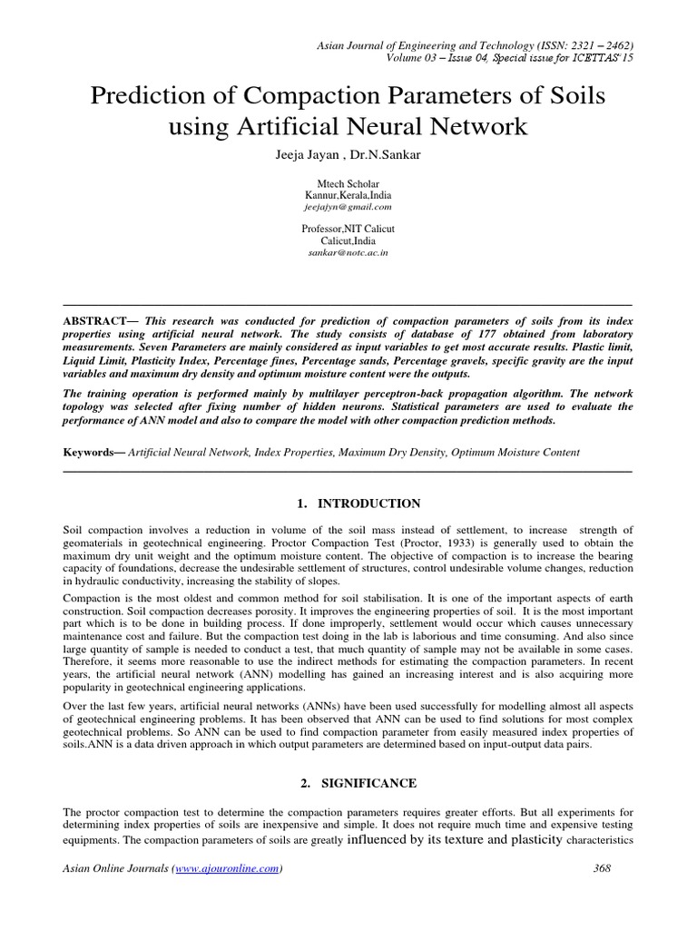 Prediction Of Compaction Parameters Of S Pdf Artificial Neural Network
