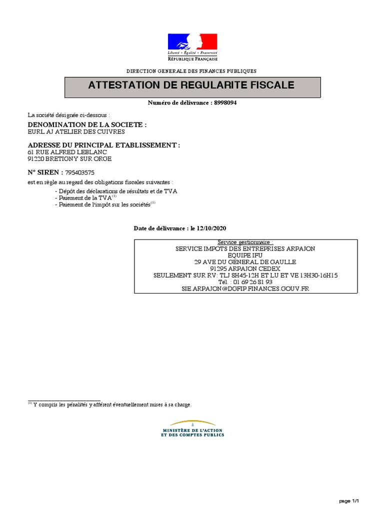 Attestation de Regularite Fiscale: Denomination de La Societe | PDF