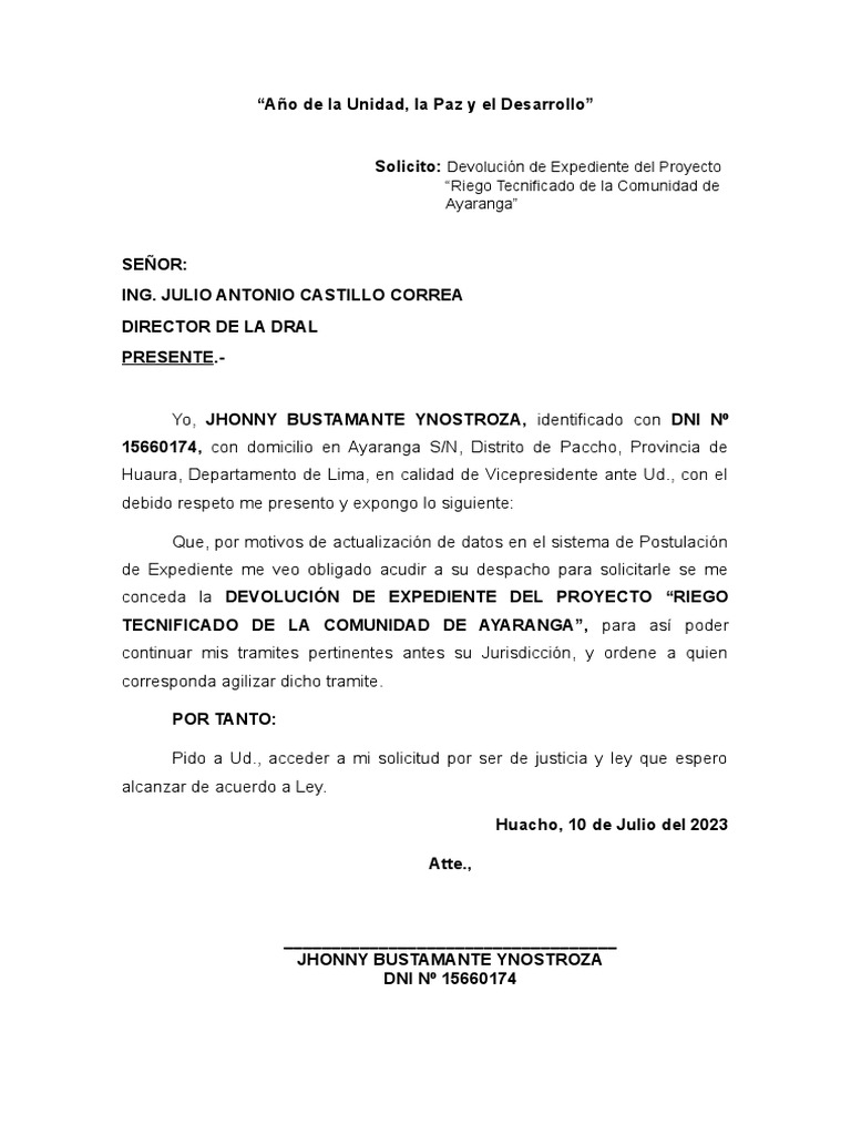 Solicito Devolución de Expediente Del Proyecto "Riego Tecnificado de La Comunidad de | PDF