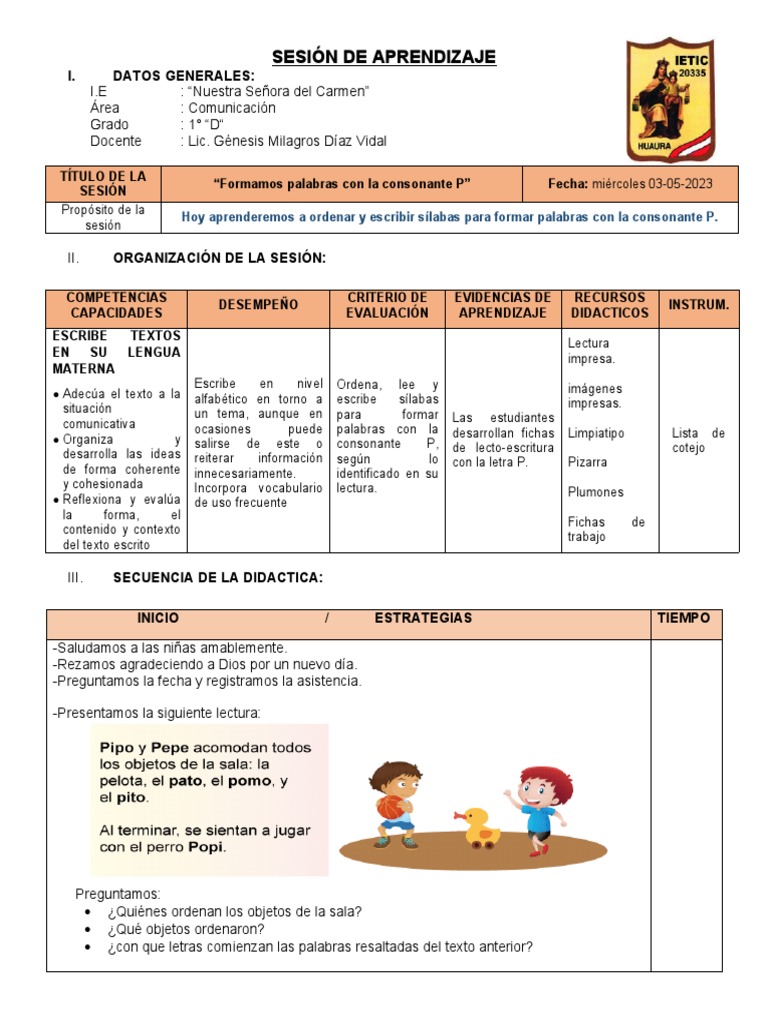 COM. Formamos Palabras Con La Consonante P | PDF | Evaluación | Ciencia ...