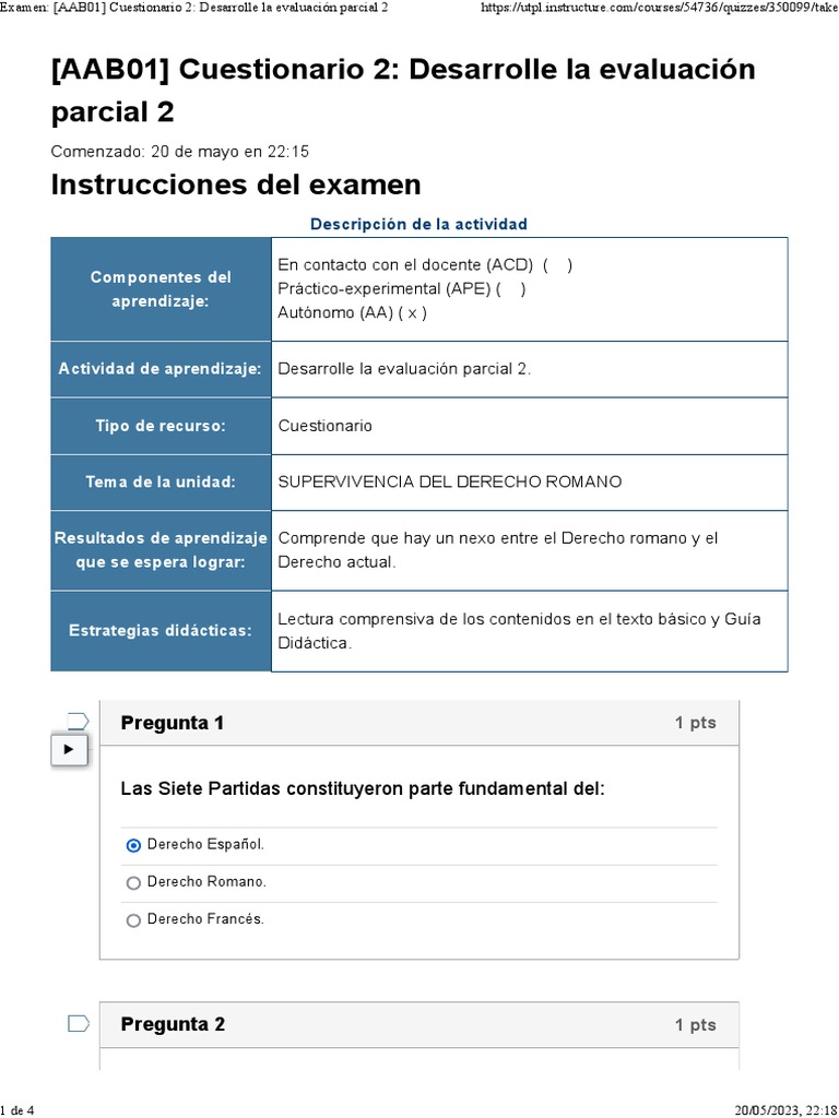 Examen (AAB01) Cuestionario 2 Desarrolle La Evaluación Parcial 2 | PDF | Ley romana | Evaluación