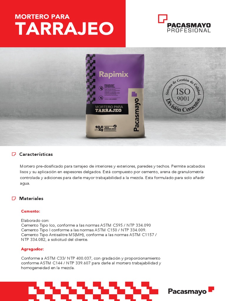 Ficha Tecnica Tarrajeo | PDF | Cemento | Hormigón Ficha Tecnica Tarrajeo | PDF | Cemento | Hormigón