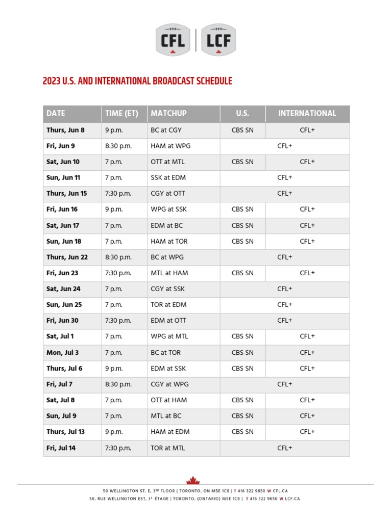 CFL 2023 US Broadcast Schedule | PDF