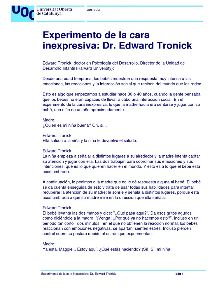 Transcripció - Still Face Experiment - Dr. Edward Tronick | PDF