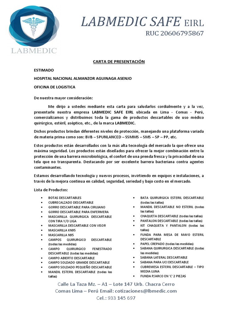 Carta de Presentacion Labmedic | PDF | Equipo de protección personal